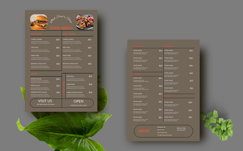 Diseño de menú de restaurante en color tostado