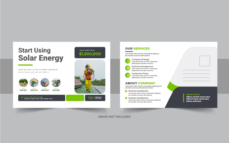 Solar panel energy services postcard template, green energy eddm ...