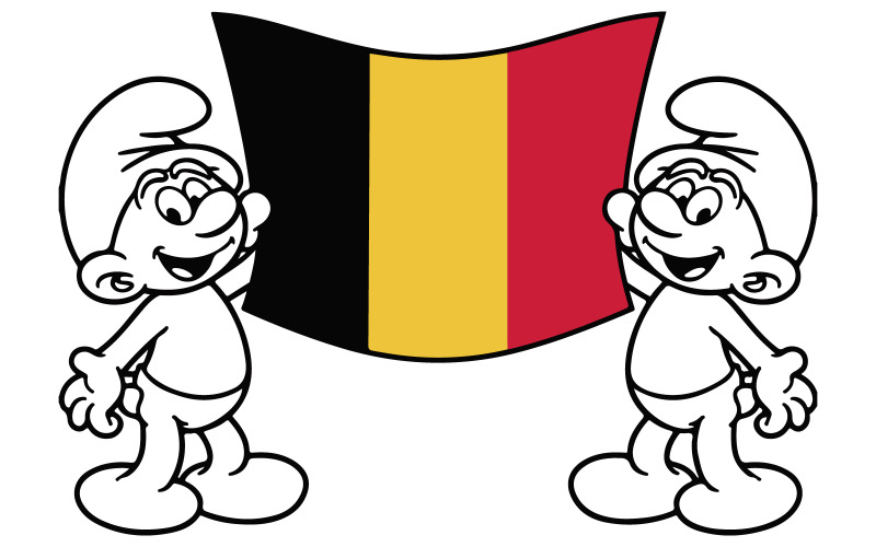 Smurf characters holding a large Belgian flag