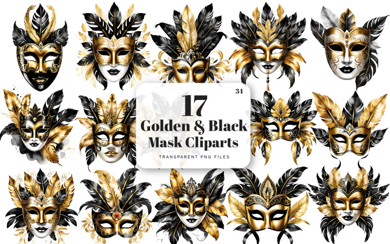 Watercolor Golden Black Masquerade Carnival Masks Clipart