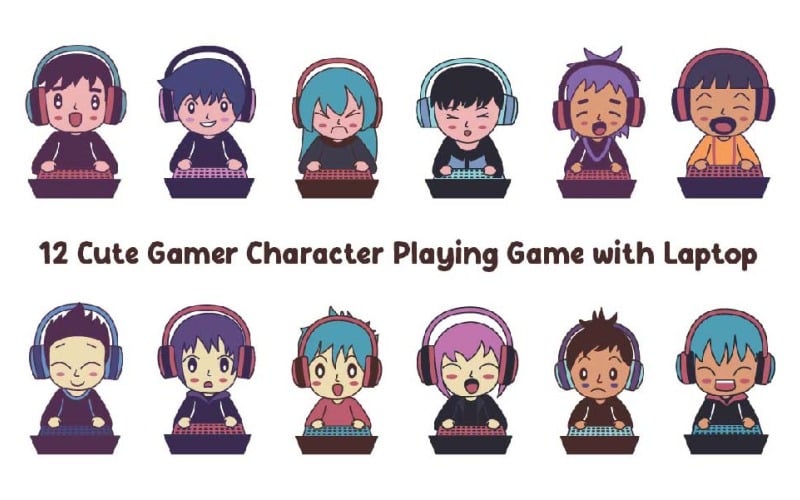 12 Cute Gamer Character Playing Game with Laptop