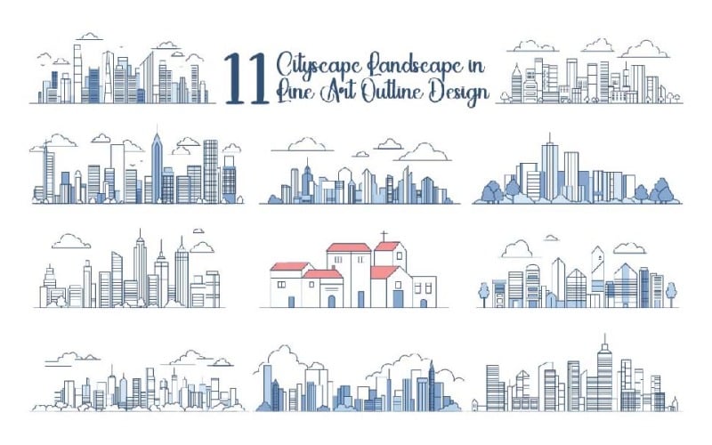 11 Cityscape Landscape in Line Art Outline Design
