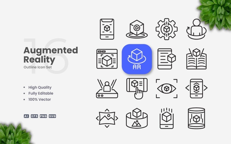 16 Augmented Reality Outline Icon Set - TemplateMonster