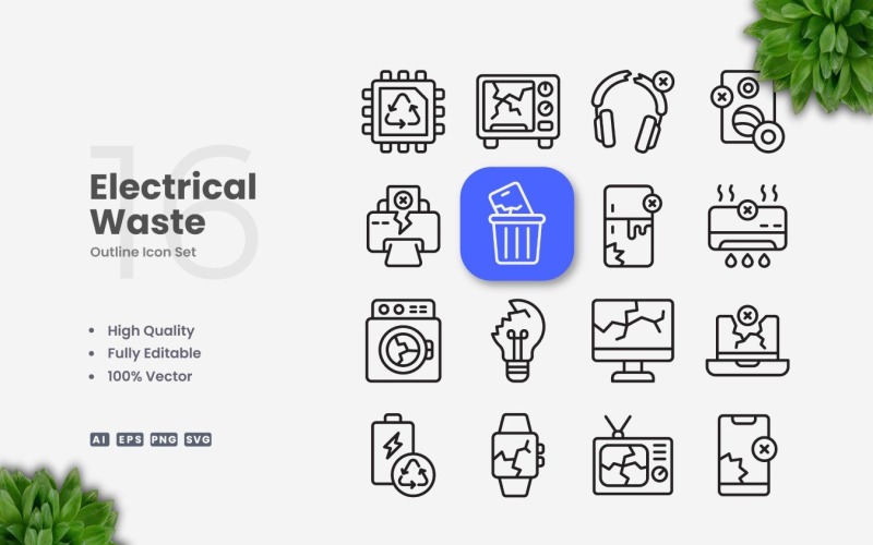 16 Electrical Waste Outline Icon Set - TemplateMonster