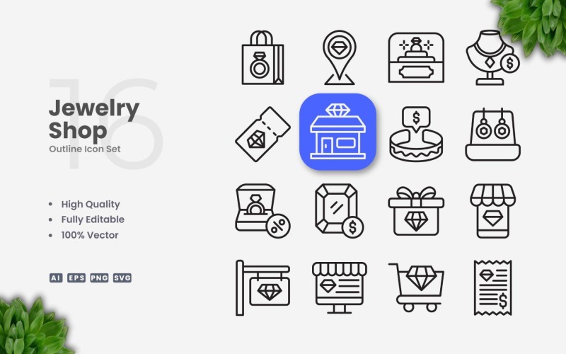 16 Jewelry Shop Outline Icon Set #494784 - TemplateMonster
