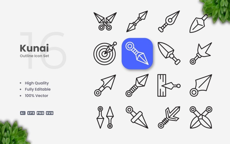 16 Kunai Outline Icon Set #494799 - TemplateMonster