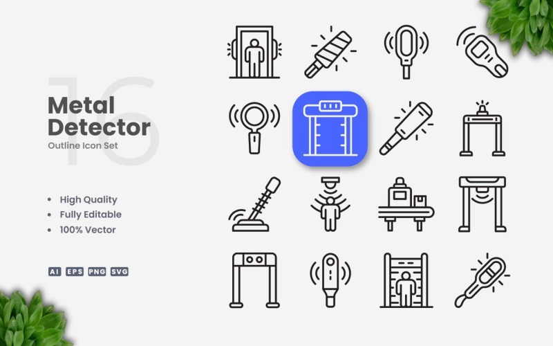 16 Metal Detector Outline Icon Set #495185 - TemplateMonster