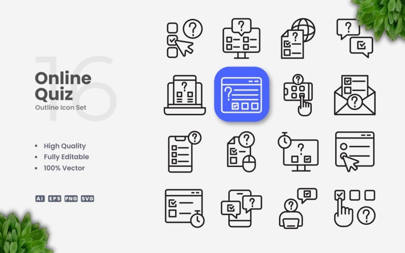 16 Online Quiz Outline Icon Set #496011 - TemplateMonster