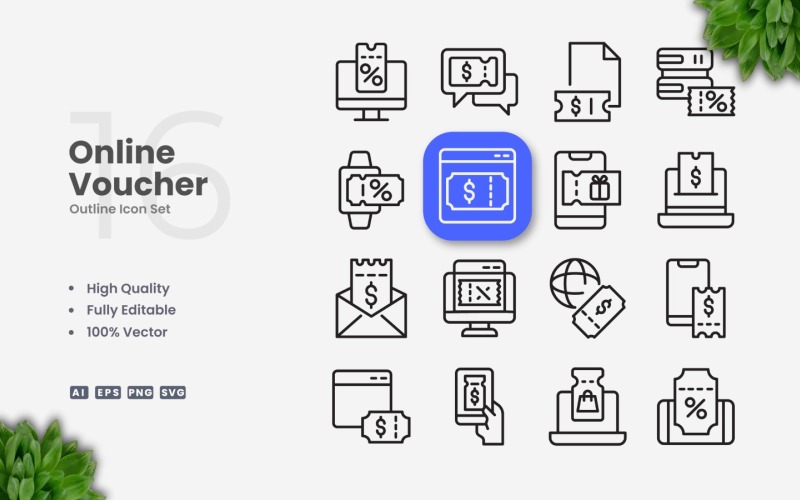 16 Online Voucher Outline Icon Set #496018 - TemplateMonster