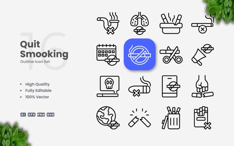 16 Quit Smoking Outline Icon Set #496690 - TemplateMonster