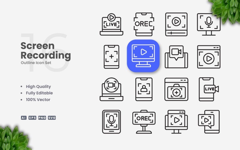 16 Screen Recording Outline Icon Set - TemplateMonster