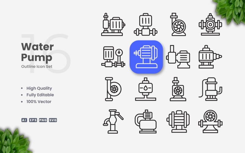 16 Water Pump Outline Icon Set #497646 - TemplateMonster