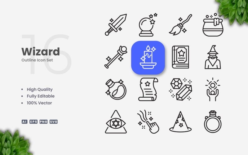 16 Wizard Outline Icon Set #497774 - TemplateMonster