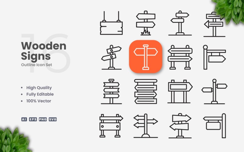 16 Wooden Signs Outline Icon Set #497756 - TemplateMonster