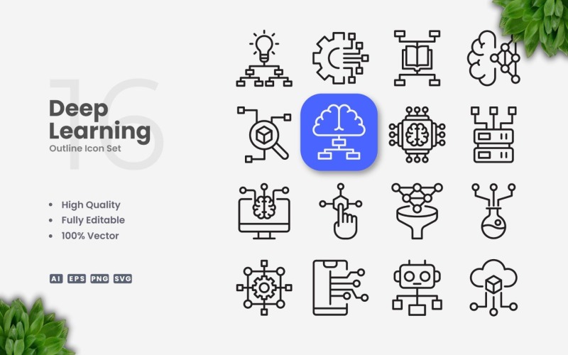 16 Deep Learning Outline Icon Set #498456 - TemplateMonster