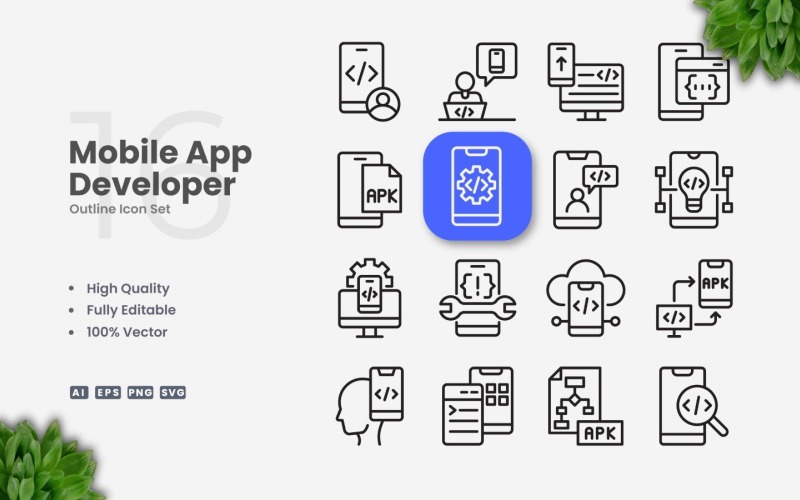 16 Mobile App Developer Outline Icon Set - TemplateMonster