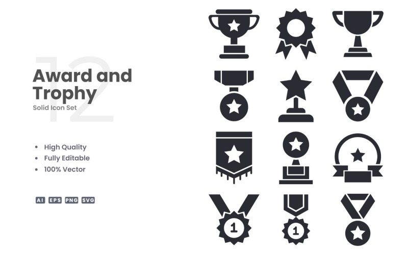 12 Award and Trophy Solid Icon Set #498974 - TemplateMonster