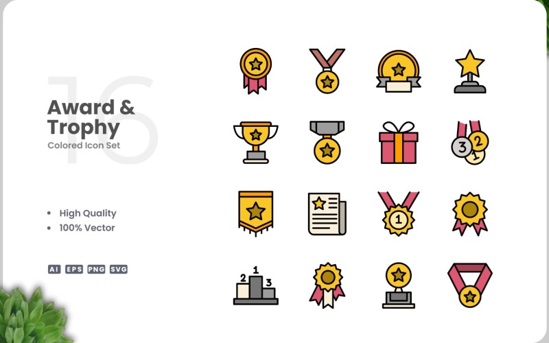 16 Award and Trophy Color Icon Set #500392 - TemplateMonster