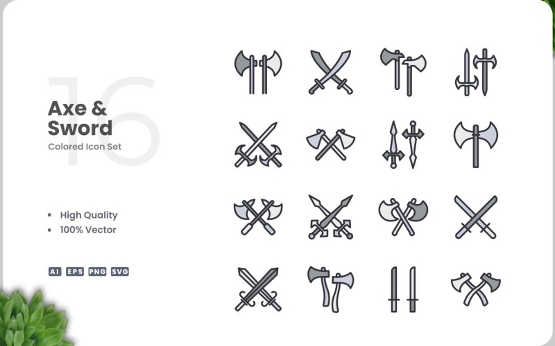 16 Axes and Sword Color Icon Set #500393 - TemplateMonster