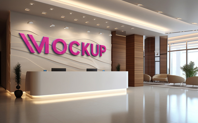 Office counter logo mockup on brown wall - TemplateMonster