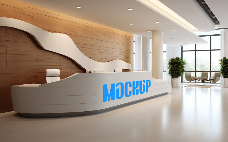 Reception wall blue logo mockup #501602 - TemplateMonster