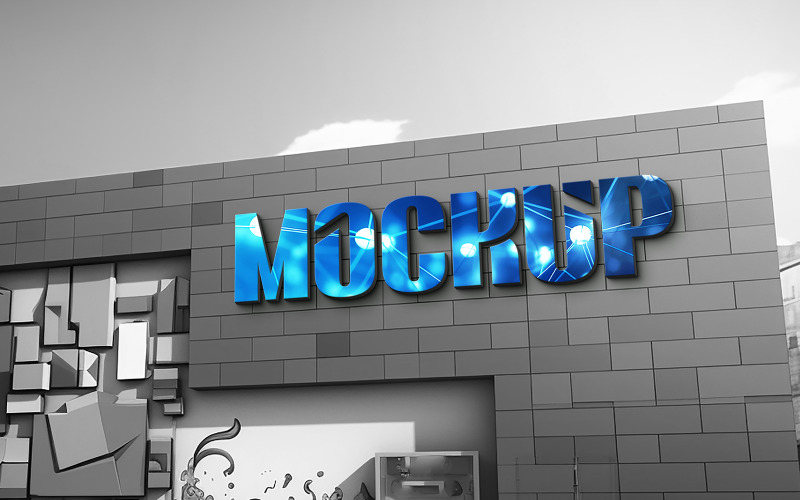 Wooden counter blue 3d logo mockup psd - TemplateMonster