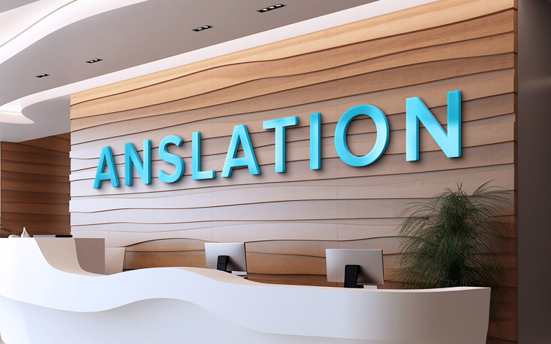 Cyan color 3d logo mockup on office wooden wall with reception counter