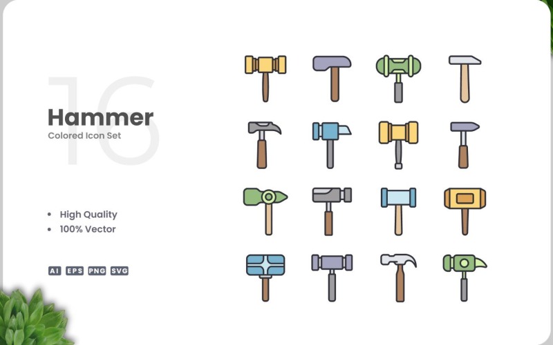 16 Hammer Colored Icons Set #507148 - TemplateMonster
