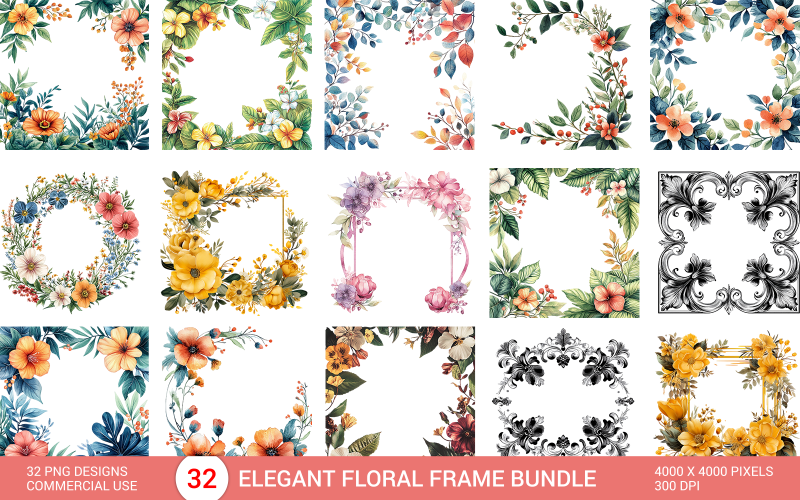 Floral Frame Design Bundle Floral Frame With Colorful Flowers Elegant ...