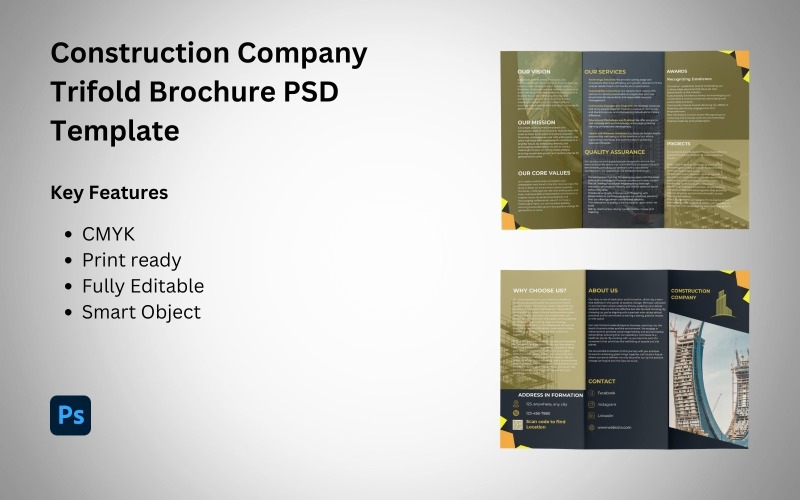 Construction Company Trifold Brochure PSD Template