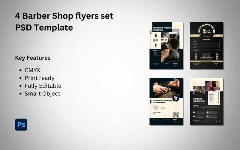 4 Barber shop flyers set PSD Template - TemplateMonster
