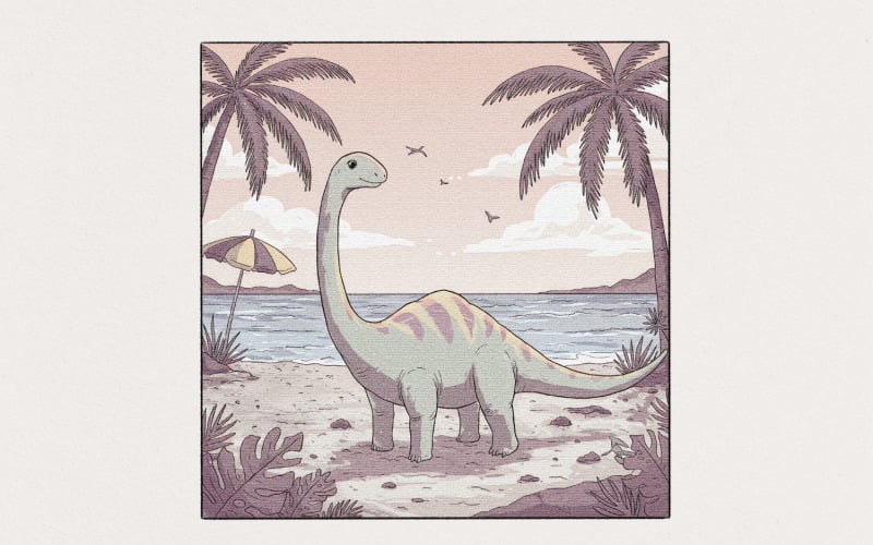 Cute Dinosaur on Beach PNG, Pastel Dinosaur Illustration, Retro ...