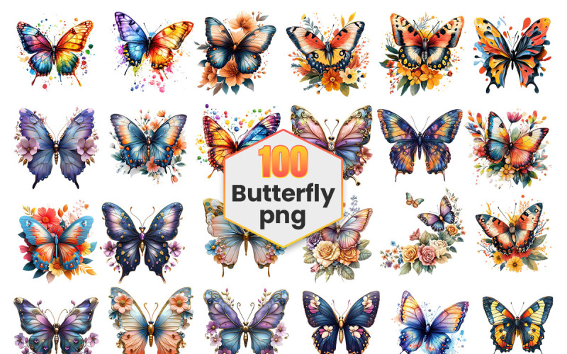 Butterfly PNG Bundle, Watercolor Floral Butterfly Clipart