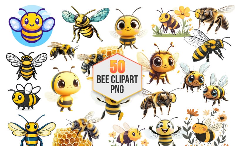 Cute Cartoon Bee Clipart PNG Bundle, Realistic Honeybee Illustrations