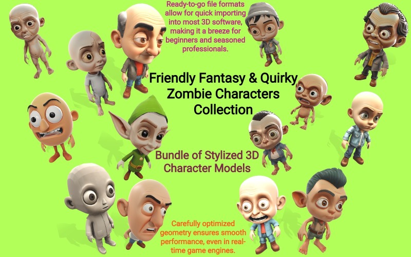Friendly Fantasy & Quirky Zombie Characters Collection 3D Model