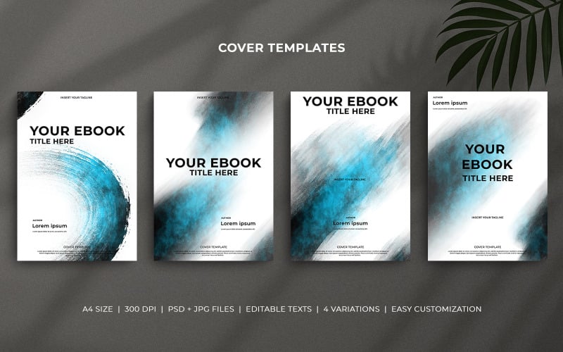 Minimal eBook Cover Templates with White and Blue Watercolor Brush ...