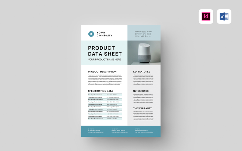 Product Data Sheet | Microsoft Word & Adobe Indesign