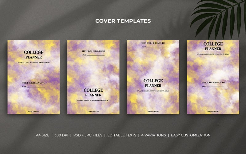 Editable College Planner Cover Template Set – Purple Yellow Watercolor ...
