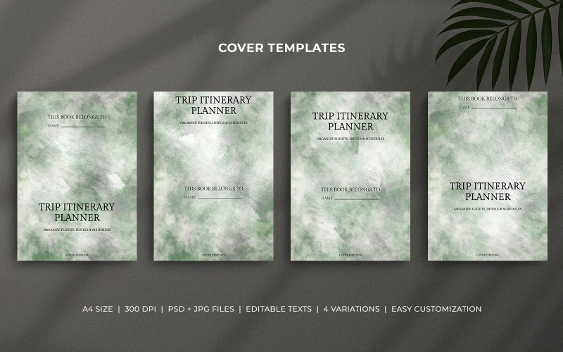 Trip Itinerary Planner Cover Templates with Green, Grey Brushstroke ...