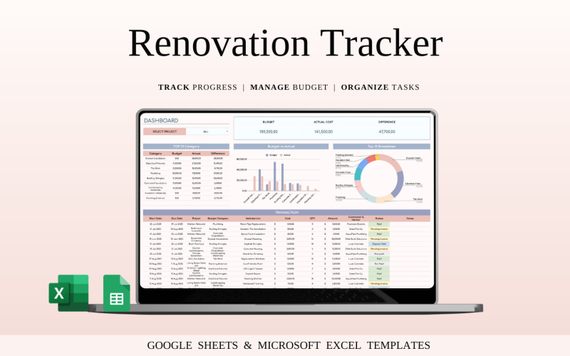 Renovation Tracker Spreadsheet Template for Google Sheets and Excel