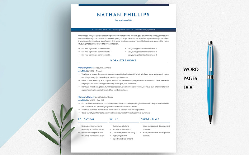 Minimalist Resume Template Word, Google Docs, Mac Pages | Professional ...