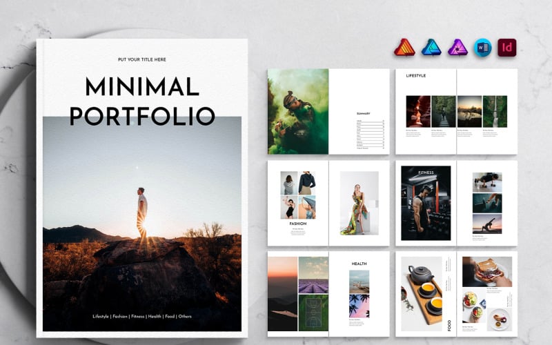 Modèle de portfolio minimaliste pour MS Word, InDesign et Affinity Suites