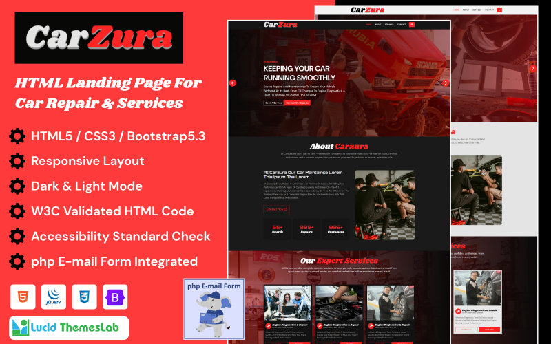 Carzura – Car Repair Workshop One Page Bootstrap Template with Dark Mode