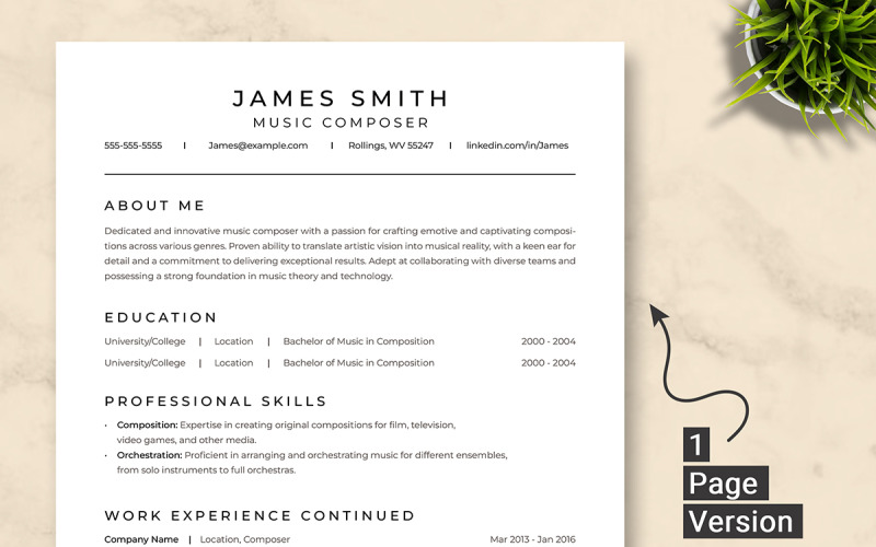 ATS Friendly Music Composer Resume Template - TemplateMonster