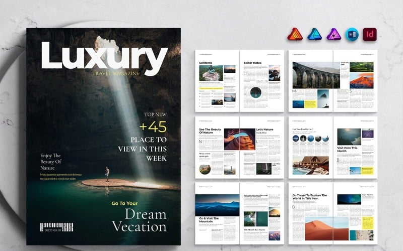 Luxury Travel Magazine Template for MS Word, InDesign, Affinity Suites