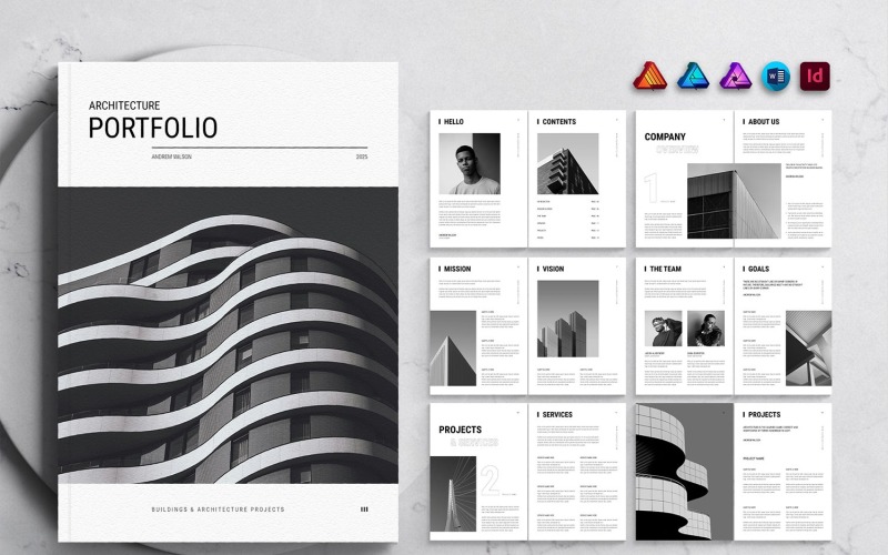 Modèle de portfolio d'architecture pour MS Word, InDesign, Affinity