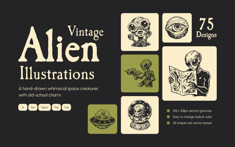 Vintage Alien Illustration Set #545230 - TemplateMonster