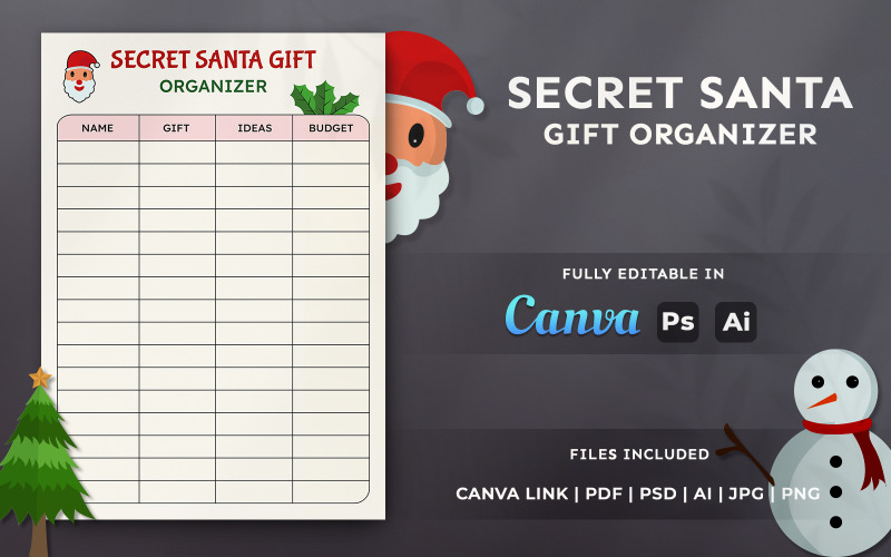 Secret Santa Gift Organizer | Christmas Holiday Planner Template for ...