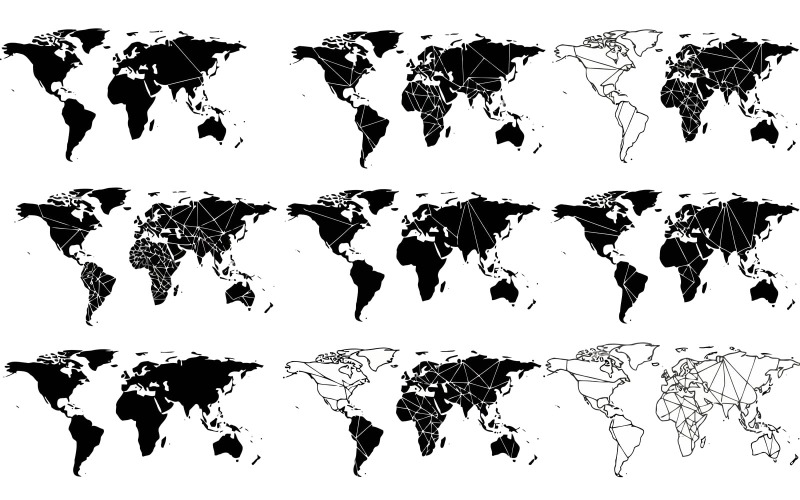 Collection of world maps with various line styles and patterns isolated ...