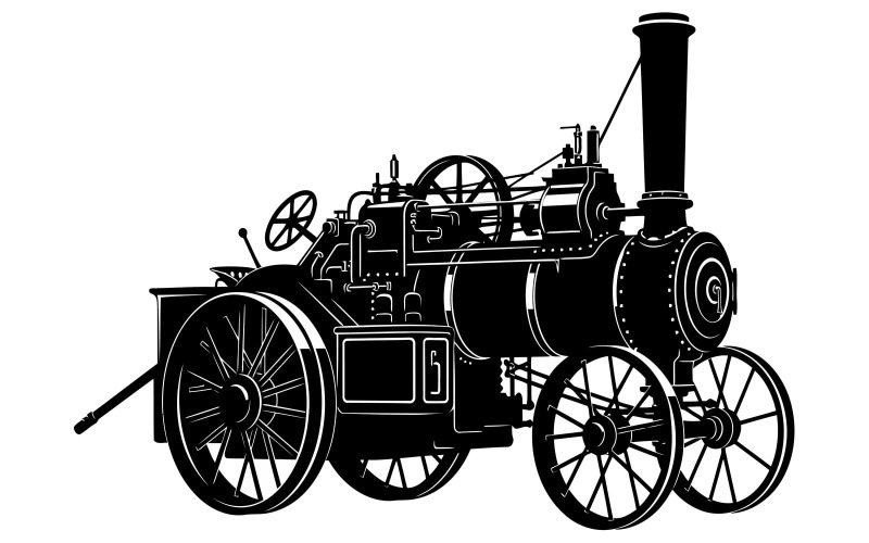 Black silhouette of vintage steam tractor isolated on white background